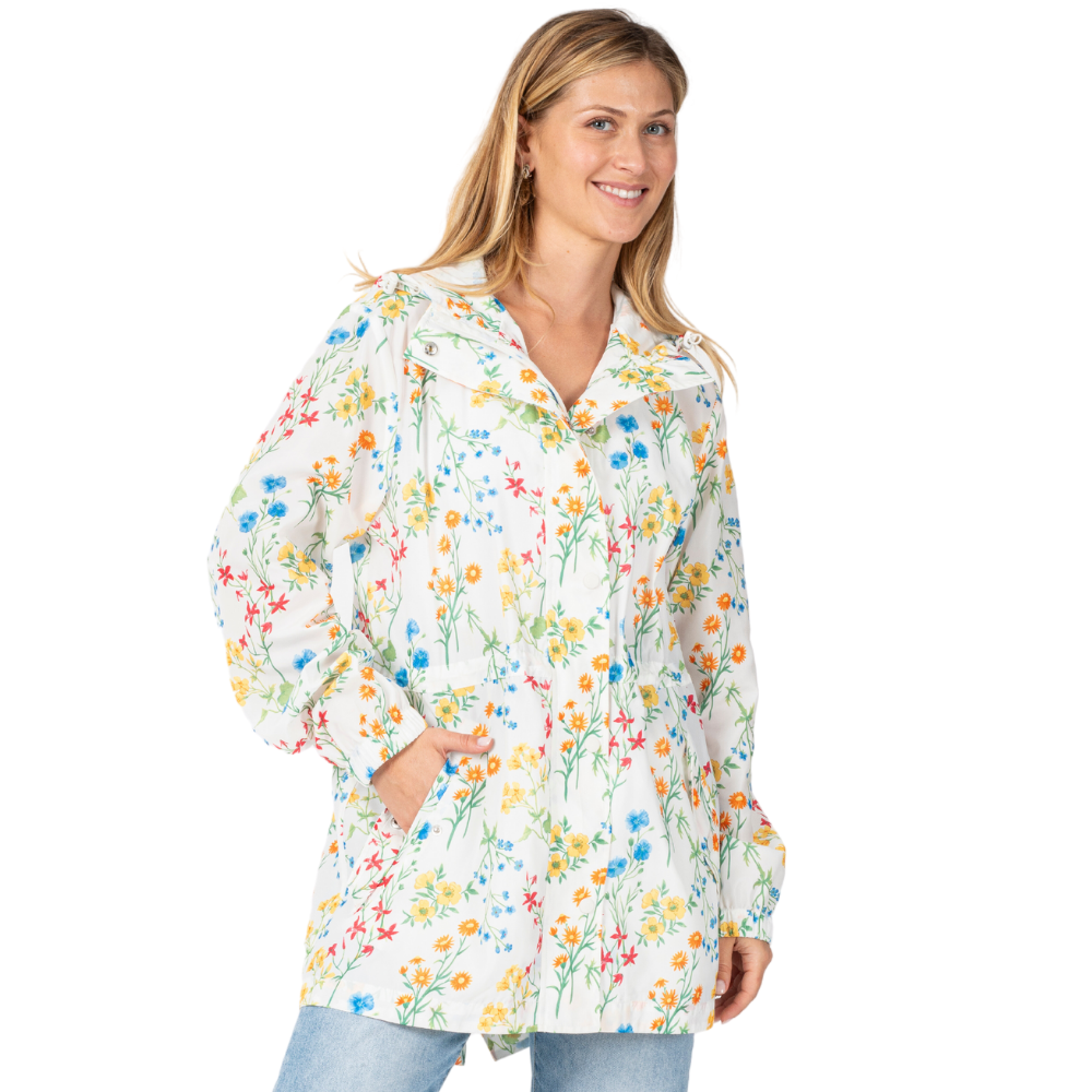 White Floral Hooded Drawstring Raincoat – Linda Anderson