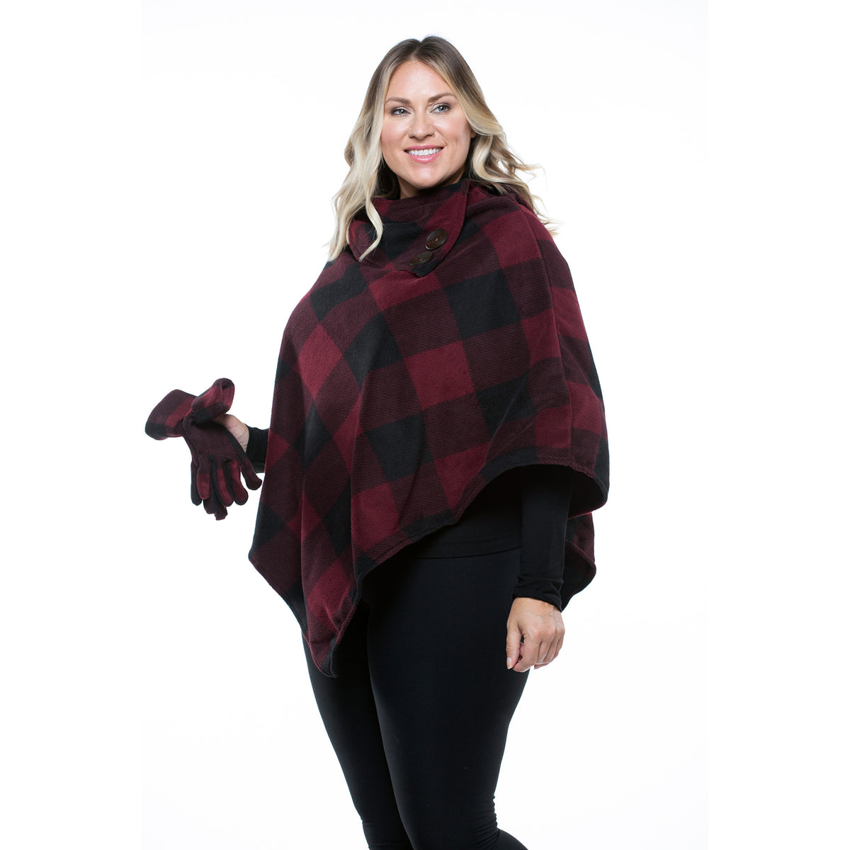 Elisa Burgundy Check Cozy Coat Fleece Poncho and Gloves Set – Linda ...